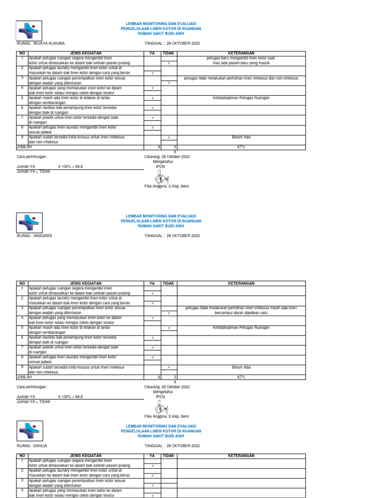 Form Bukti Monitoring Linen Kotor TW 4 2022 | PDF