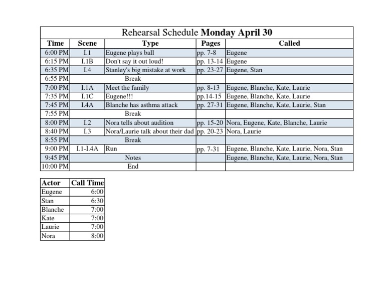 BB Daily Rehearsal Schedule | PDF