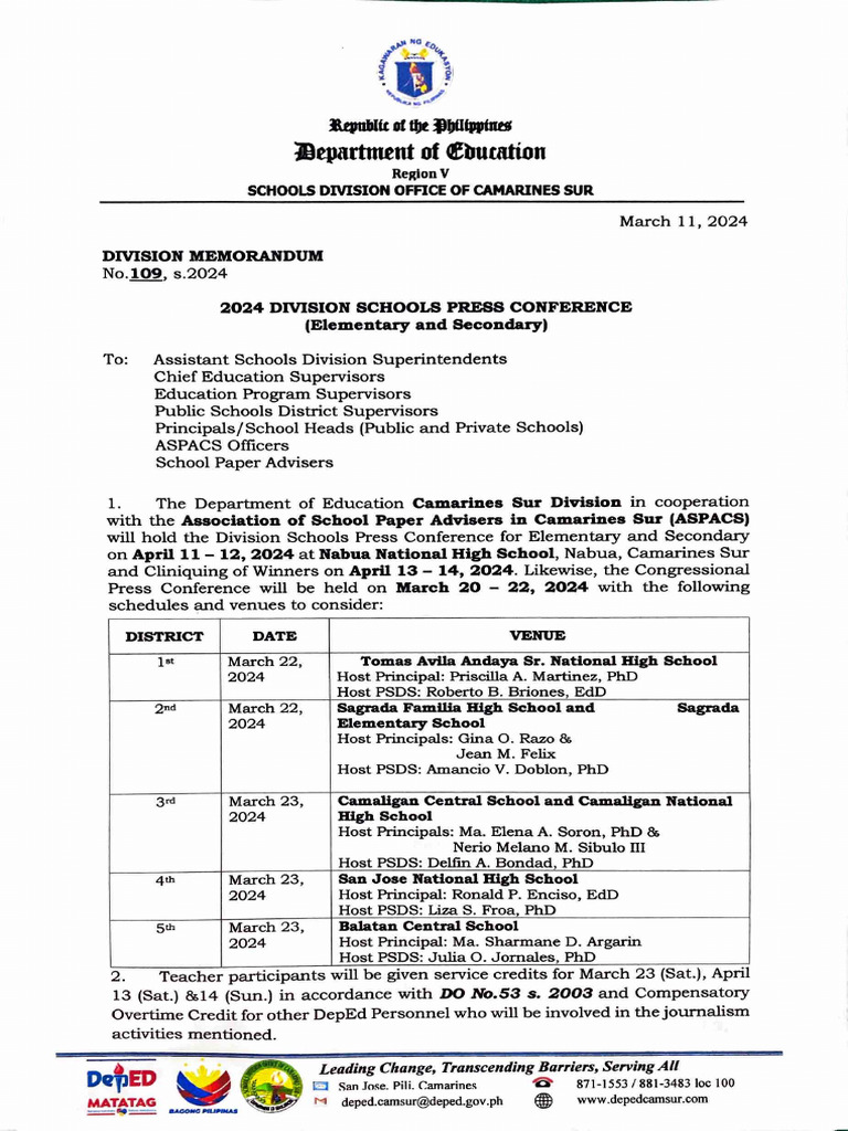 DM 109 2024 Division Schools Press Conference | PDF