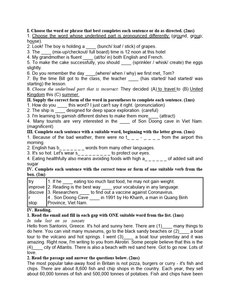 Đề gk2 TA lớp 9 | PDF