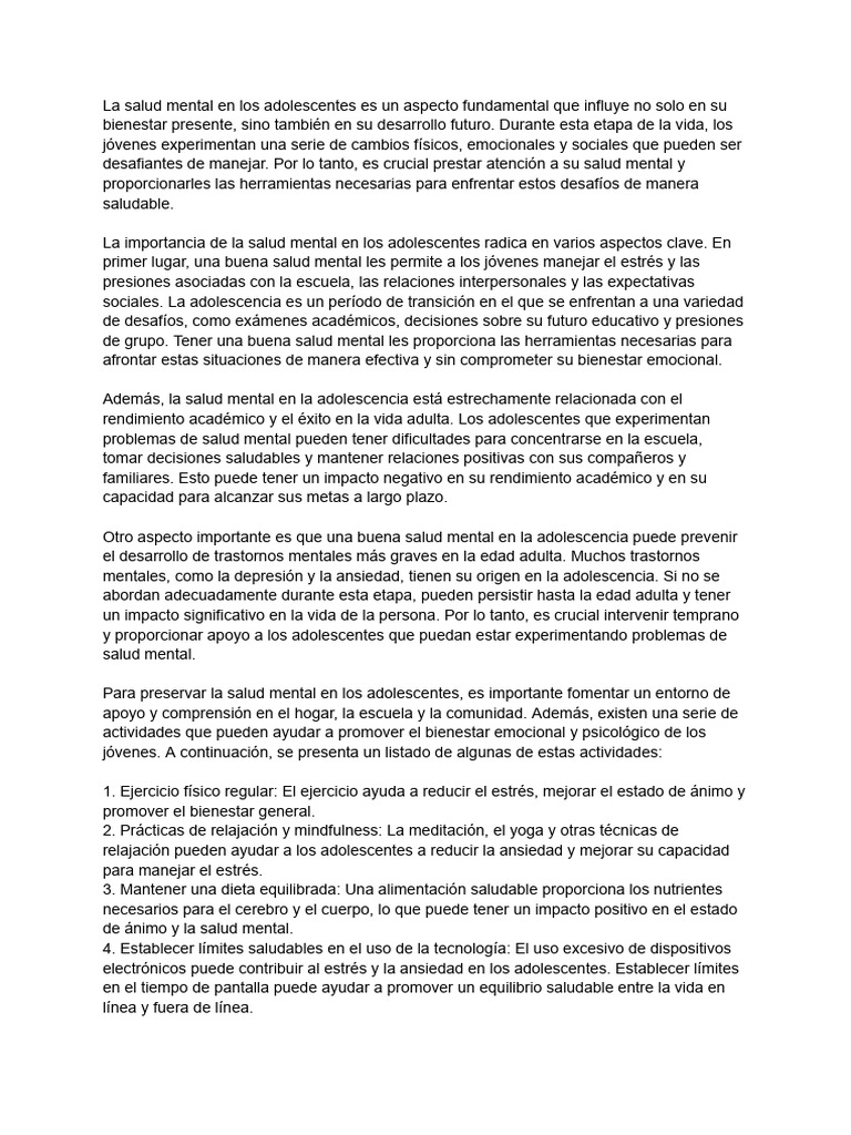 Salud Mental en Adolescentes: Claves y Estrategias | PDF | Salud mental ...