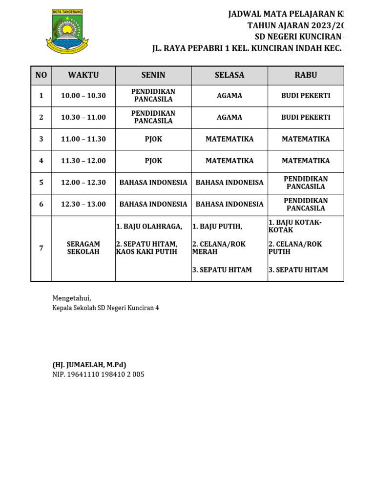 Jadwal Pelajaran Kelas 2B SD Kunciran 4 | PDF