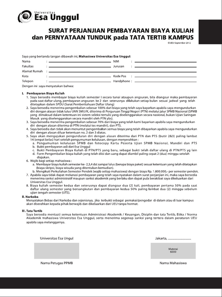 Surat Perjanjian Lembar Pernyataan Mhs | PDF