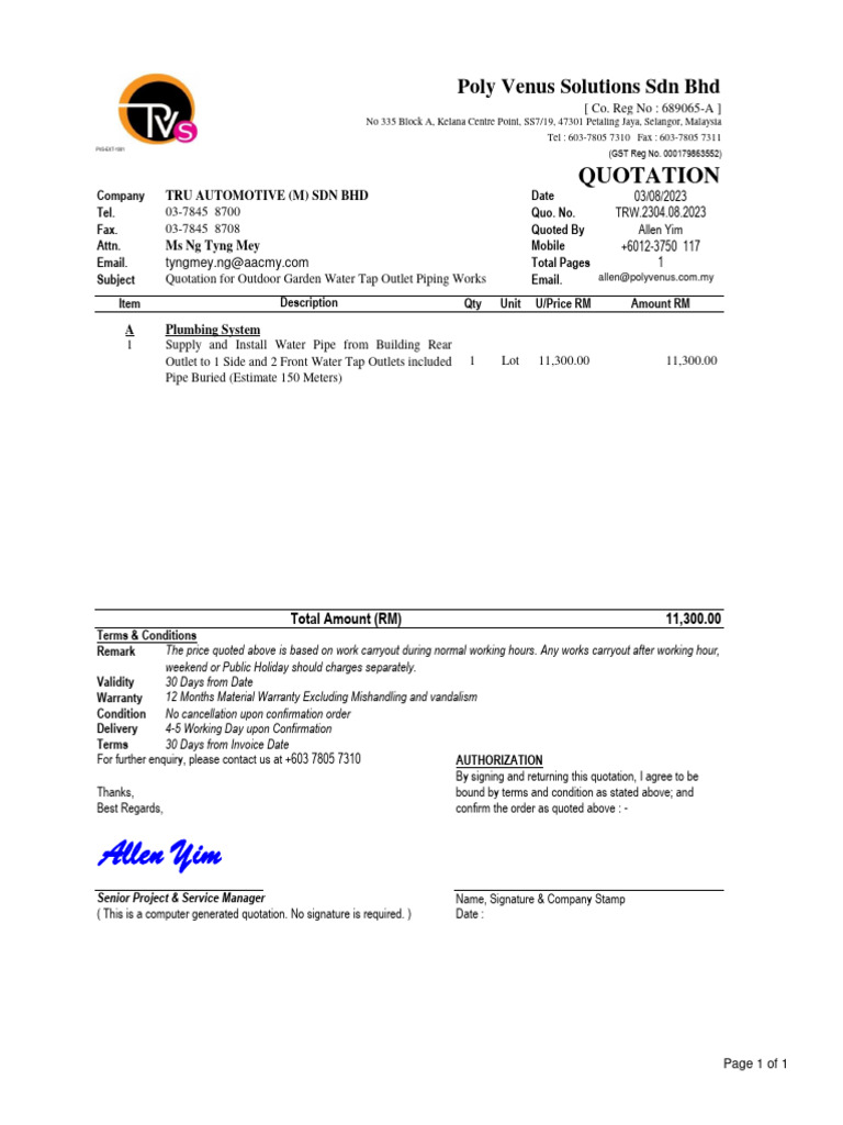 Quotation for Outdoor Garden Water Piping Works | PDF