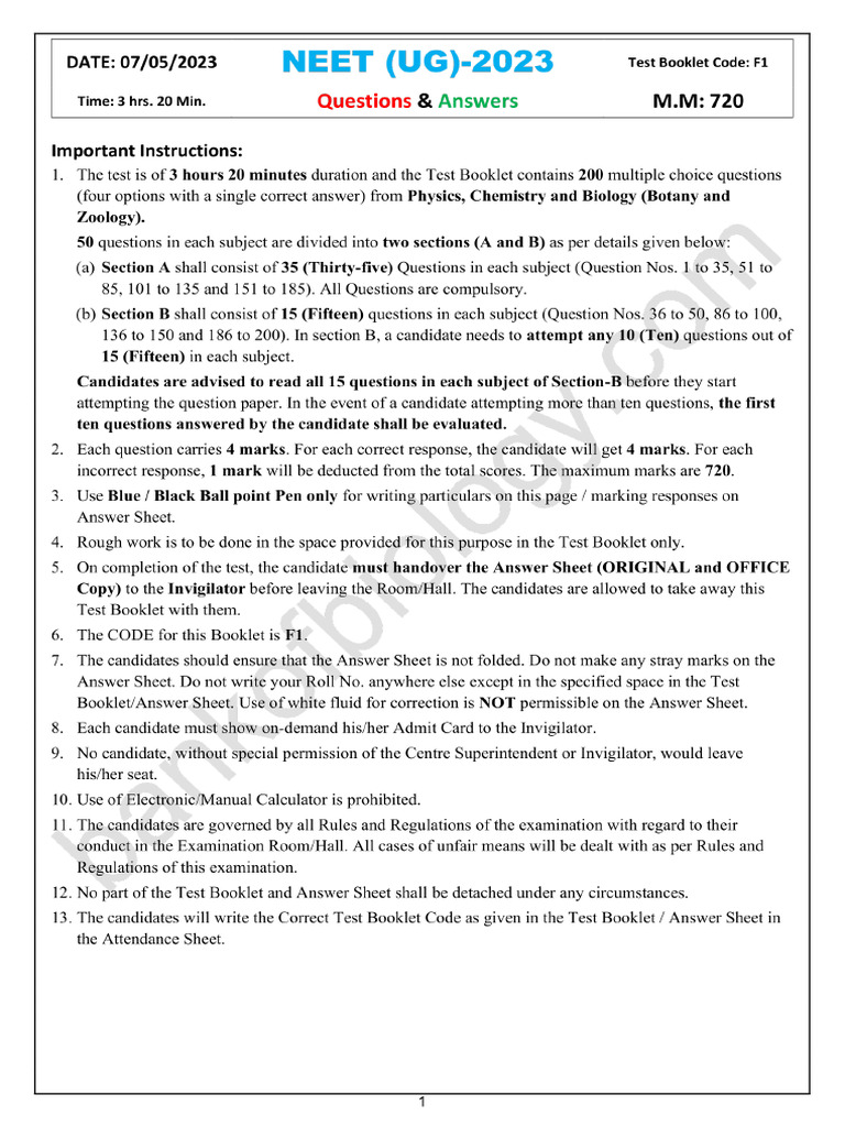 NEET 2023 QP With Answer Key | PDF
