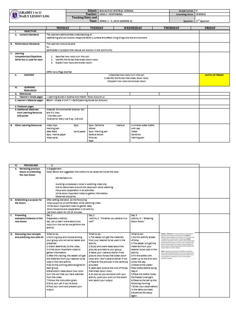 DLL-SCIENCE-WK1-Q4-2024 | PDF | Teachers | Learning