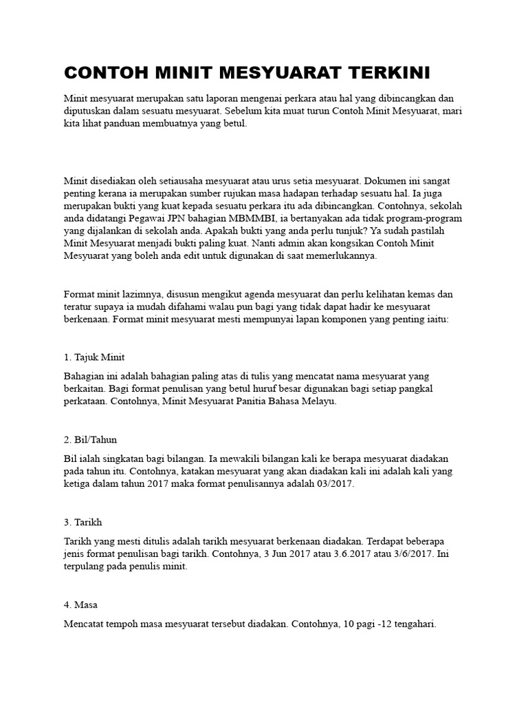 Contoh Format Minit Mesyuarat Terkini | PDF