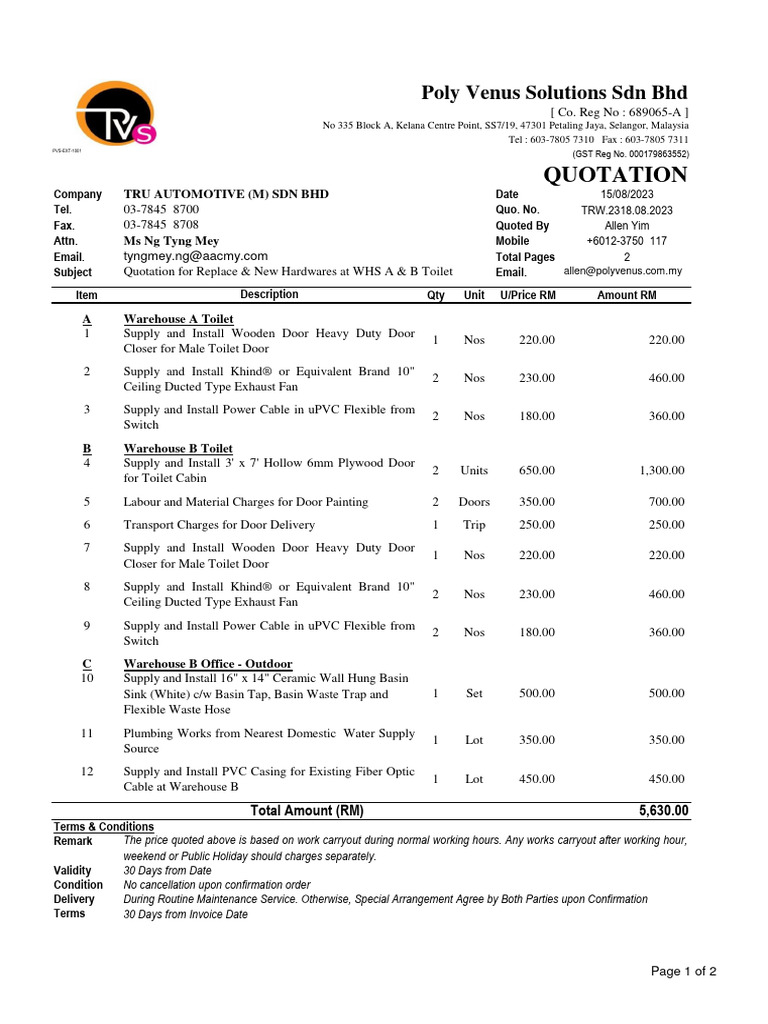 Quotation For Replace Toilet DR, DR Closer & New Basin and Exhaust Fan For WHS A & B | PDF ...