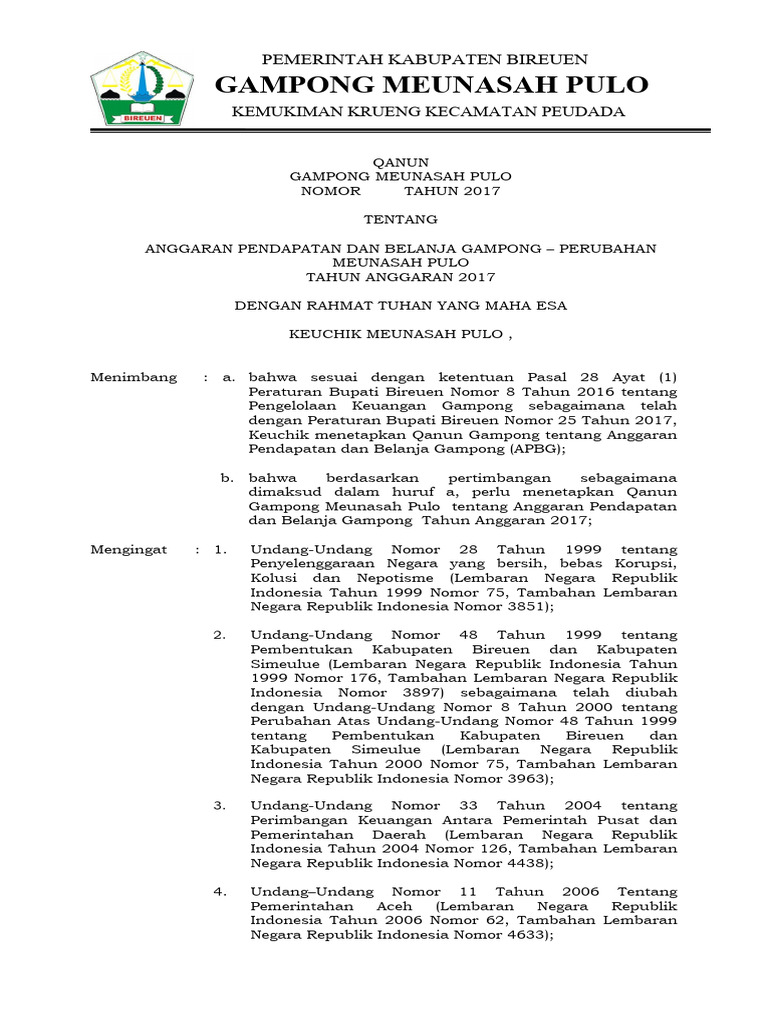 Qanun APBG PERUBAHAN JADI T.A 2017 | PDF