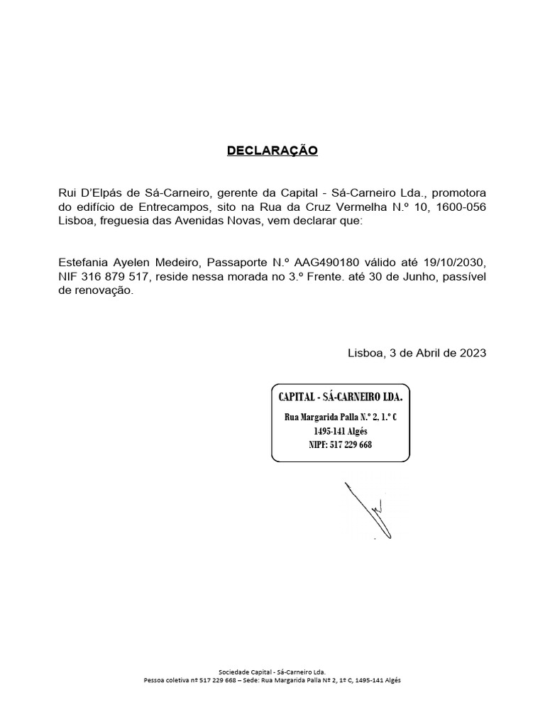 Declaração de Morada Estefania Medeiro | PDF