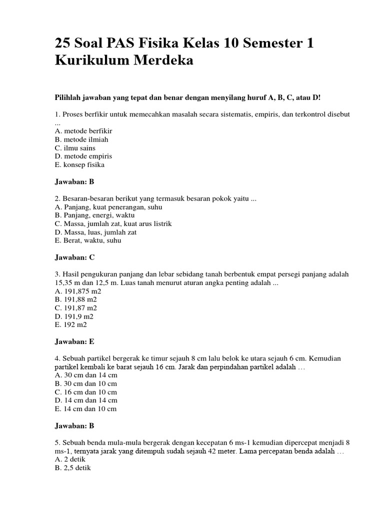 25 Soal PAS Fisika Kelas 10 Semester 1 Kurikulum Merdeka | PDF