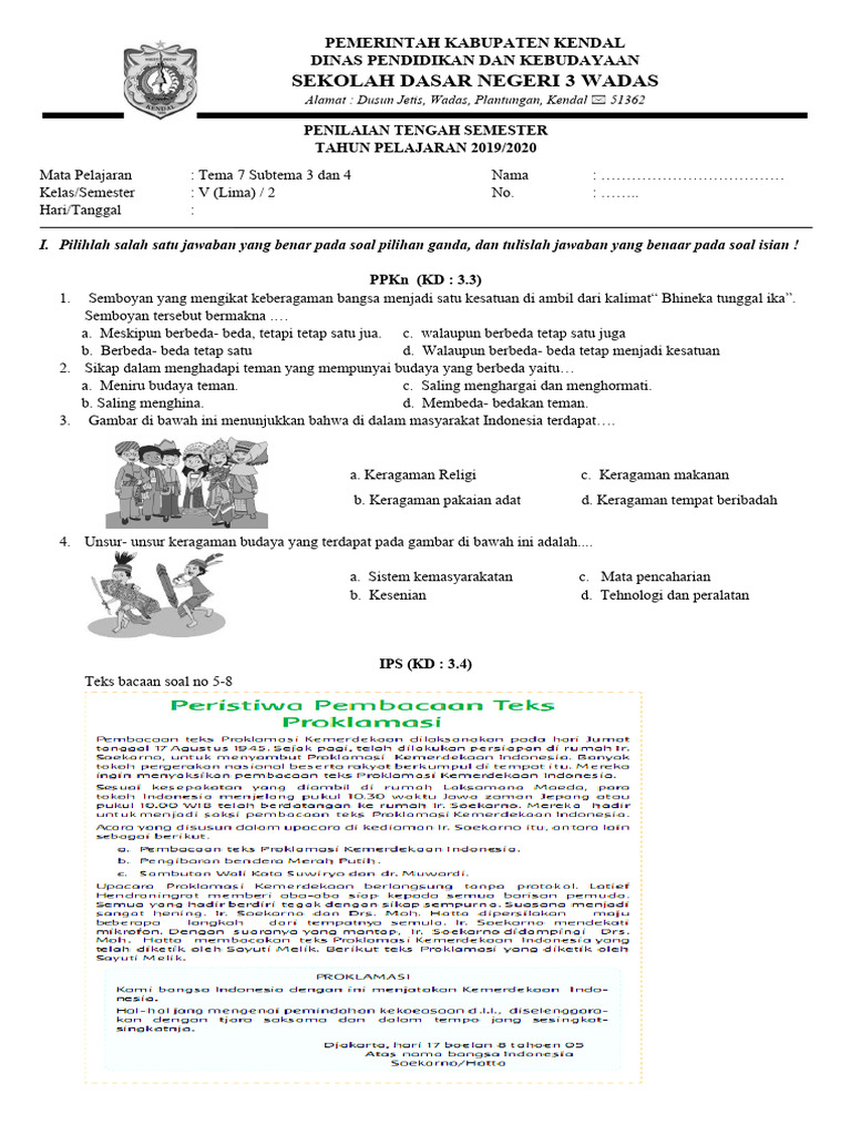 Ujian Tengah Semester SD Kelas 5 | PDF