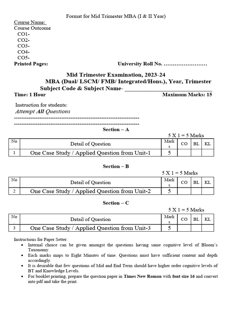 Format For Mid Trimester MBA (15marks) I, II Year. 2022-23 | PDF