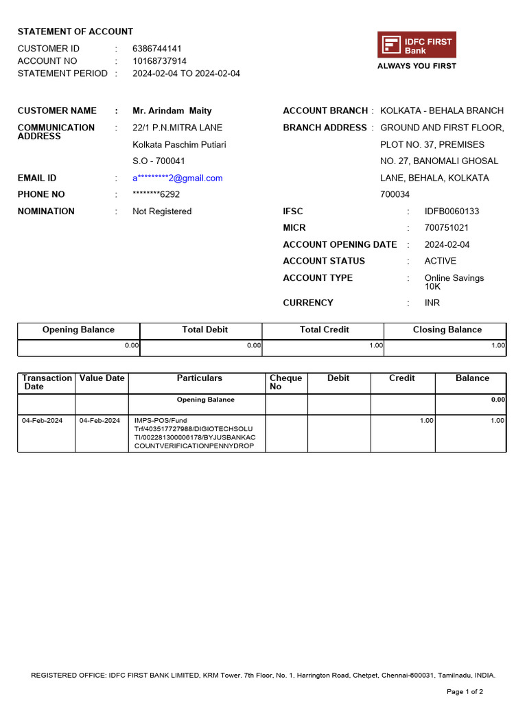 IDFC First Bank Account Statement | PDF | Automated Teller Machine ...