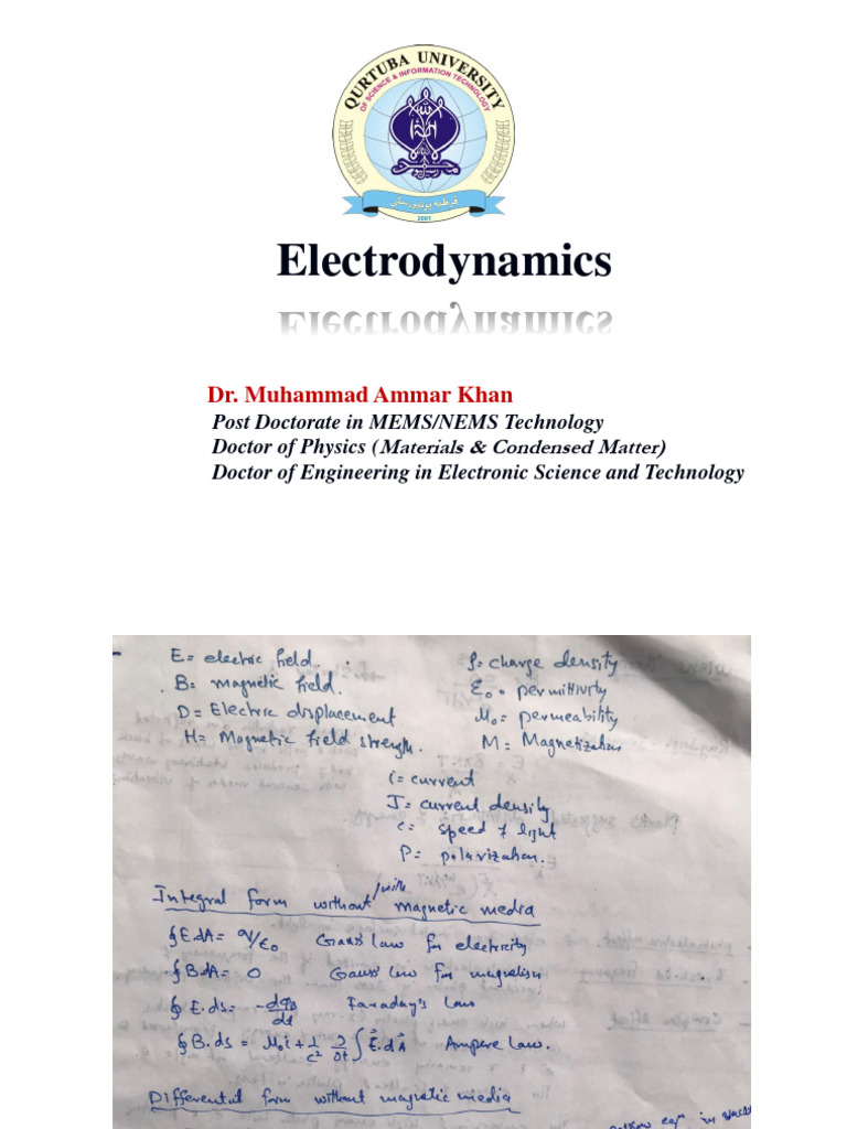 Electrodynamics: Dr. Muhammad Ammar Khan | PDF