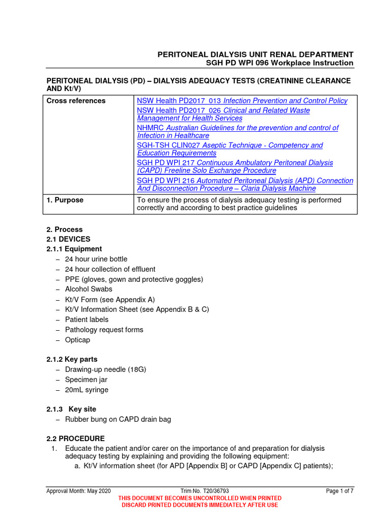 Peritoneal Dialysis Adequacy - KTV and CCL WPI 2020 - SGH WPI 096 No ...