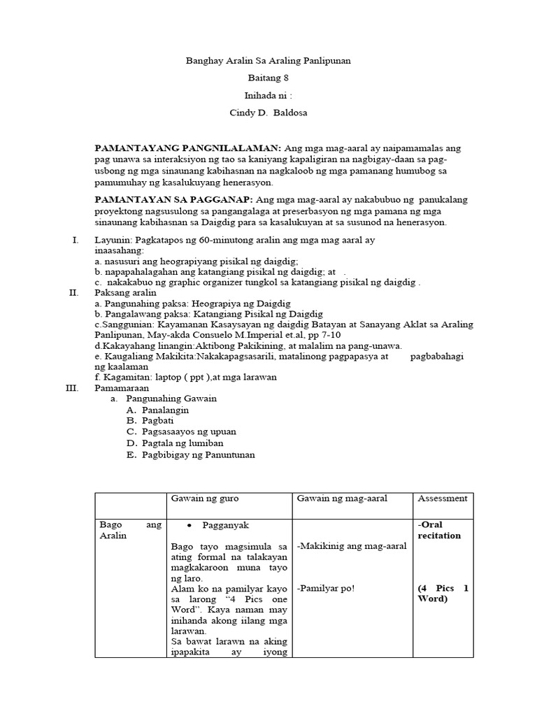 Banghay Aralin Sa Araling Panlipunan Grade 8 | PDF