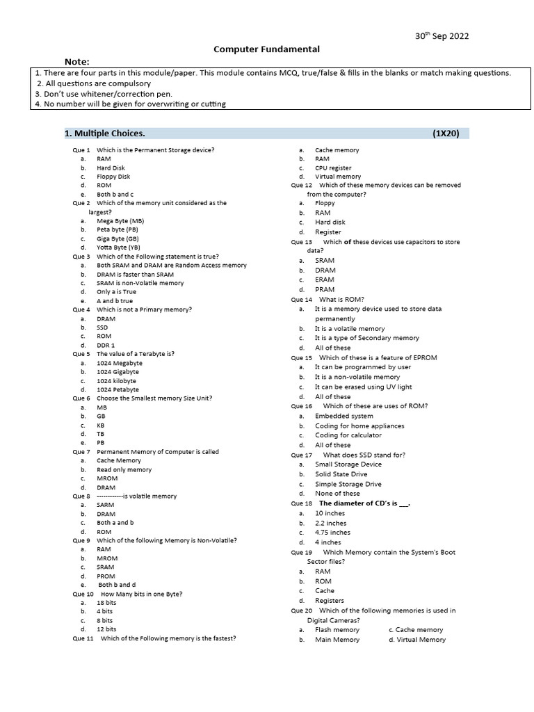 Computer Fundamentals Question Paper | PDF | Random Access Memory ...