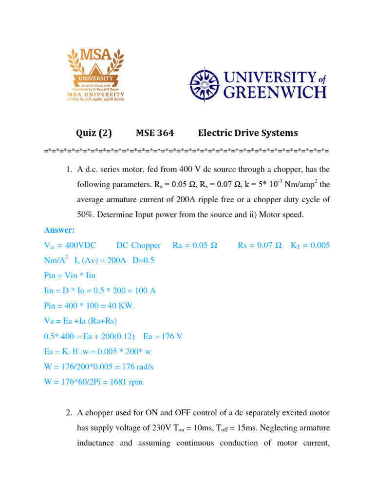 Electric Drive Systems Quiz | PDF