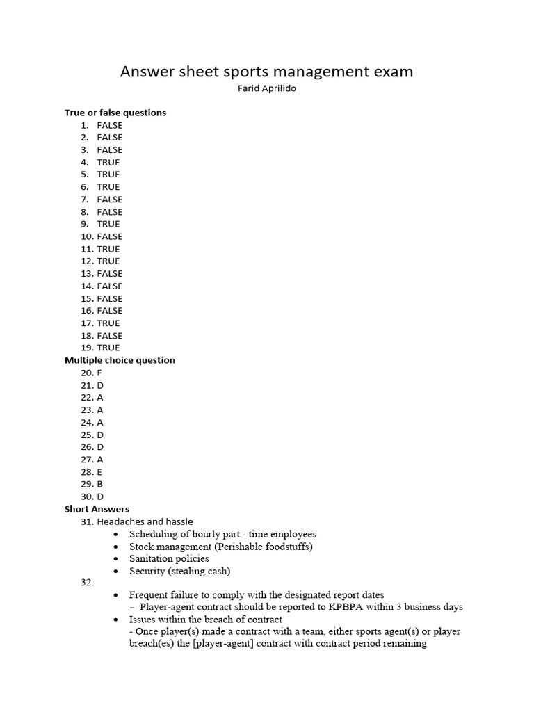 Answer Sheet Sports Management Exam | PDF