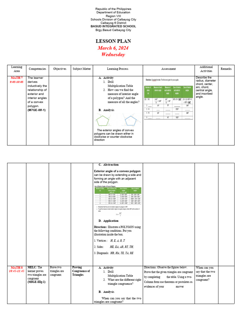 March 6 Lesson Plans | PDF | Ratio | Triangle