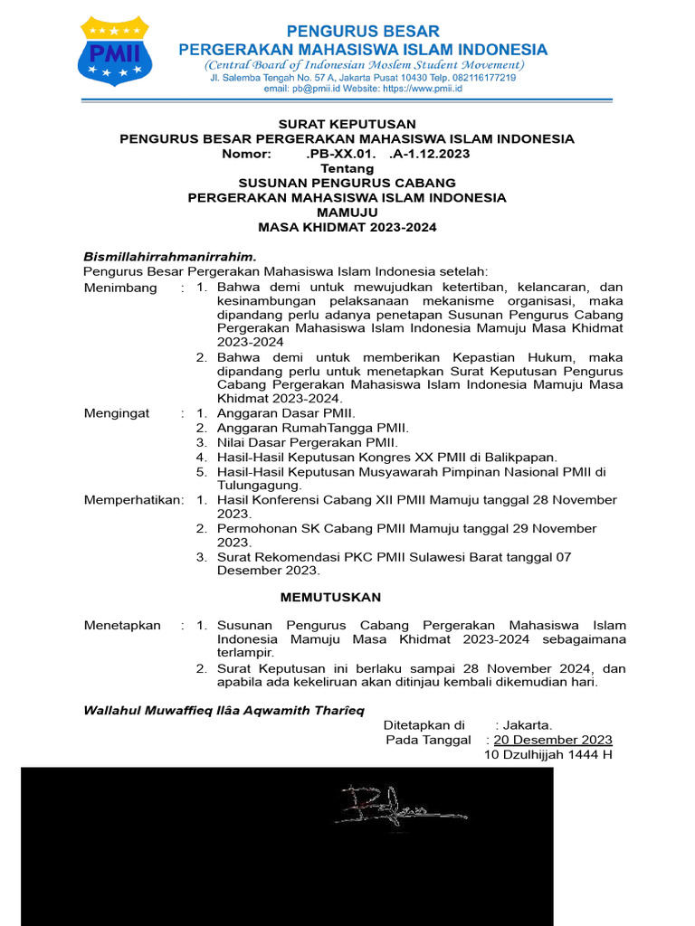 SK Pengurus Cabang PMII Mamuju 2023-2024 | PDF | Karier & Perkembangan