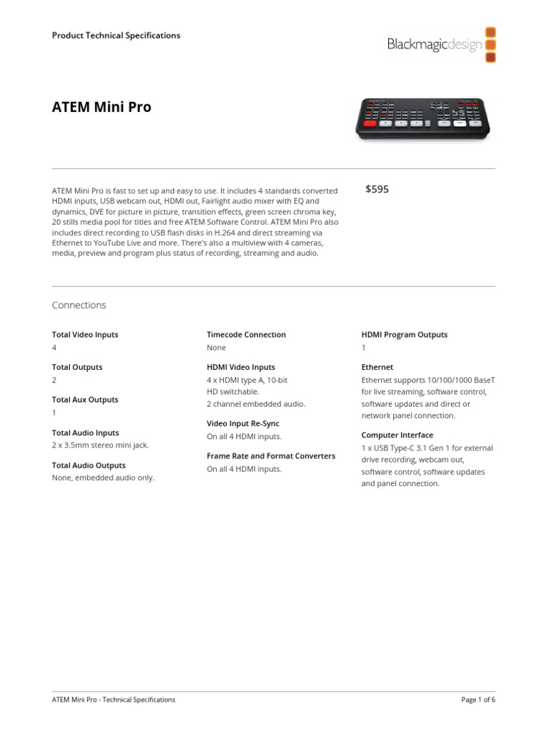 Black Magic ATEM Mini Pro | PDF | Hdmi | Video