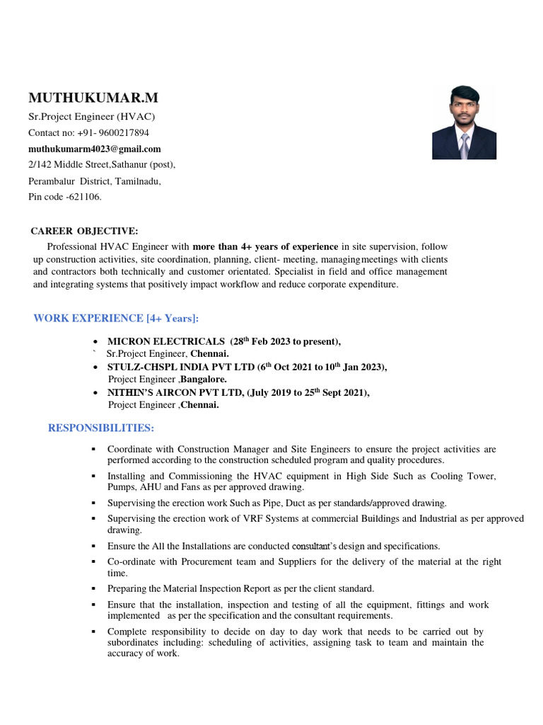 Document From MK Resume Updated-1 | PDF | Duct (Flow) | Engineering