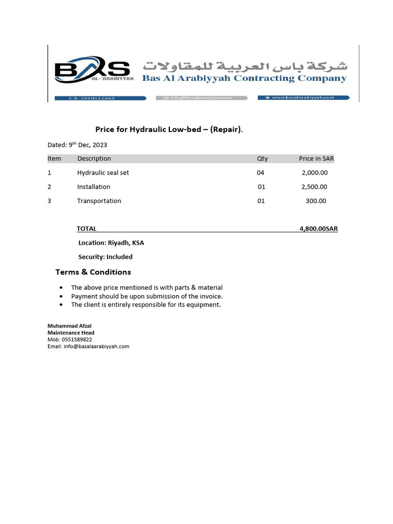 Hydraulic Low-bed Repair Invoice | PDF