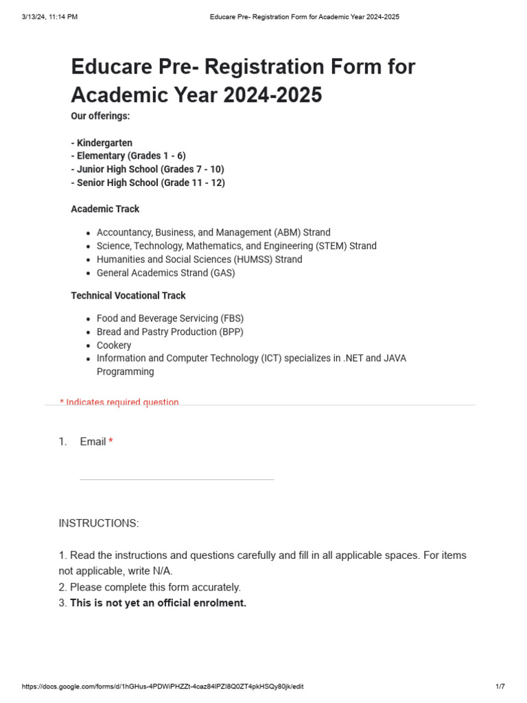 ECI Pre- Registration Form for Academic Year 2024-2025 - Google Forms ...