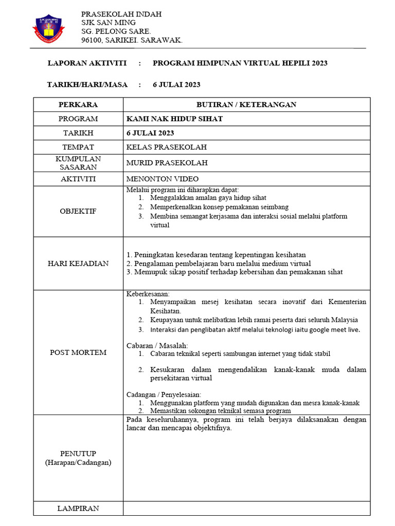 Program Virtual Hidup Sihat Prasekolah | PDF