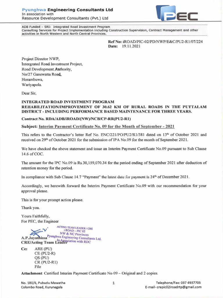 224 - Interim Payment Certificate No.09 For The Month of September 2021 ...