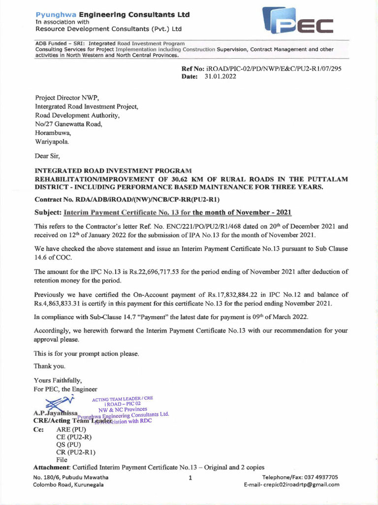 295 - Interim Payment Certificate No.13 for the month of November ...