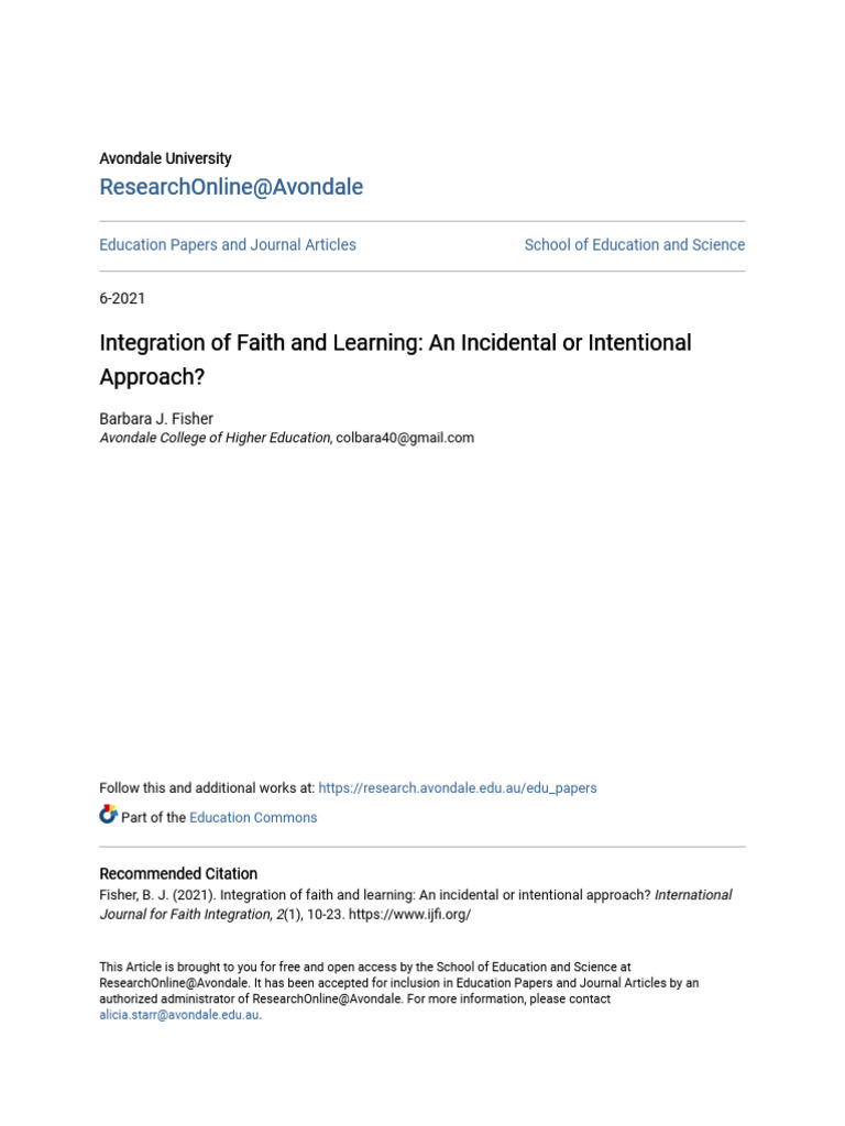 Integration of Faith and Learning - An Incidental or Intentional A ...