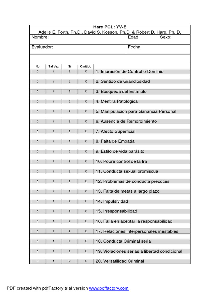 Evaluación del Hare PCL: YV-E | PDF