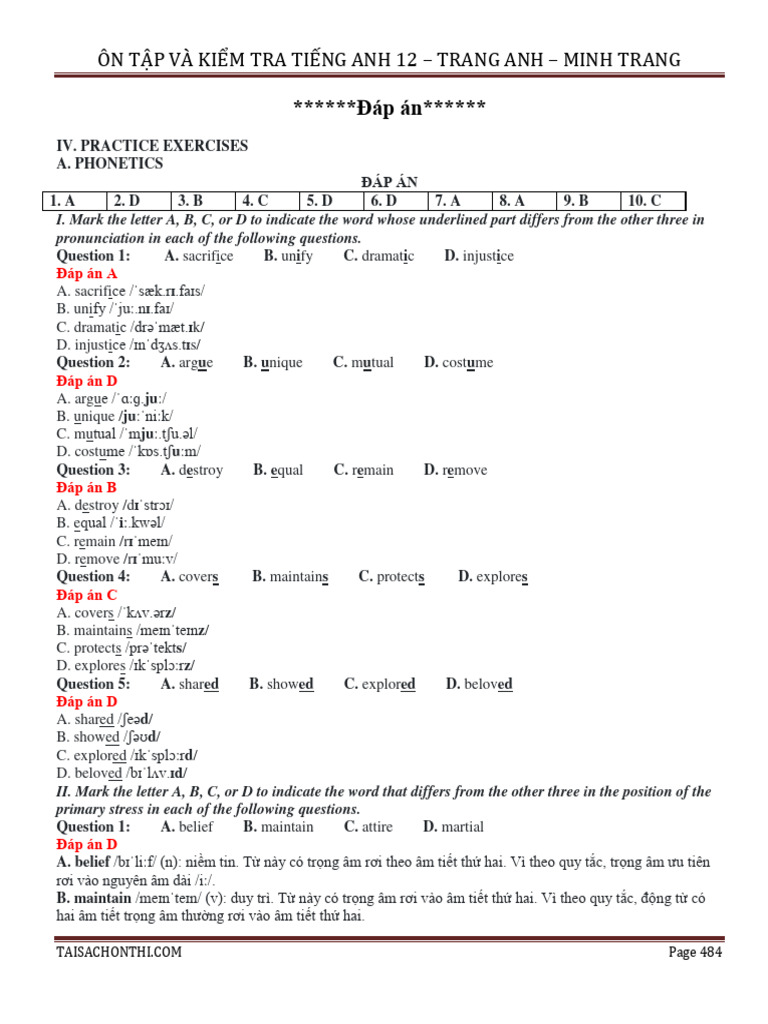 On Tap Va Kiem Tra Tieng Anh 12 Trang Anh Minh Trang Tap 1 | PDF