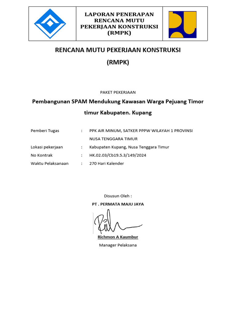 Rencana Mutu Konstruksi SPAM Kupang | PDF