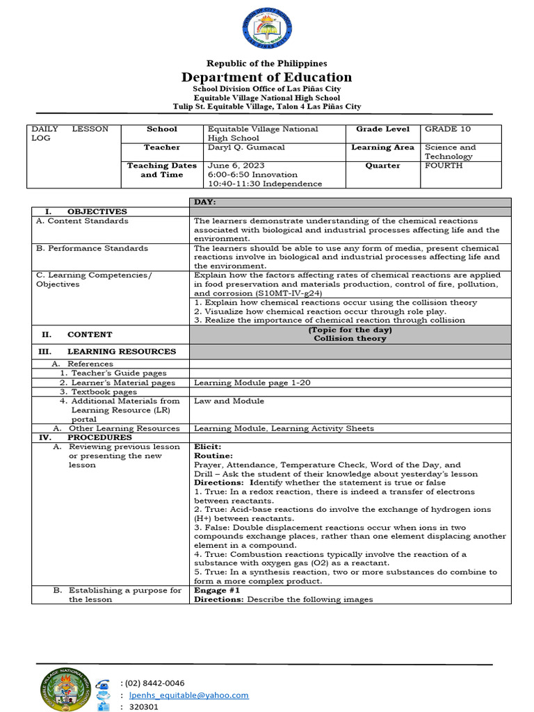 Collision Theory Lesson Plan for Grade 10 | PDF | Chemical Reactions ...