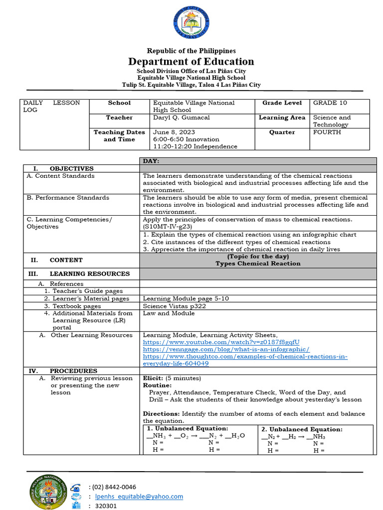 COT 2 CHEMICAL REACTIONS | PDF | Chemistry | Chemical Substances