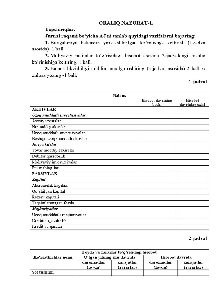 ORALIQ NAZORAT-1 uchun vazifalar I | PDF