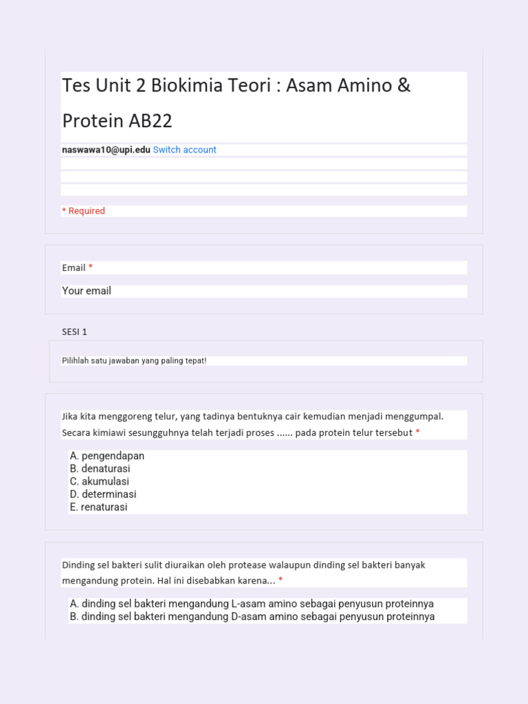 Tes Unit 2 Biokimia Teori - Asam Amino & Protein AB22 | PDF