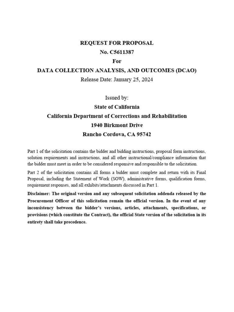 RFP C5611387 Dcao 01252024 | PDF | Request For Proposal | Cloud Computing