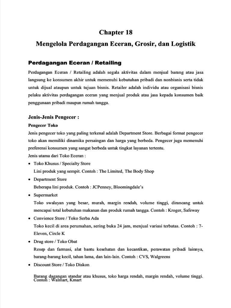 PERTEMUAN 7 - Pdf-Rangkuman-Chapter-18-Mengelola-Perdagangan-Eceran-Grosir-Dan-Logistik | PDF