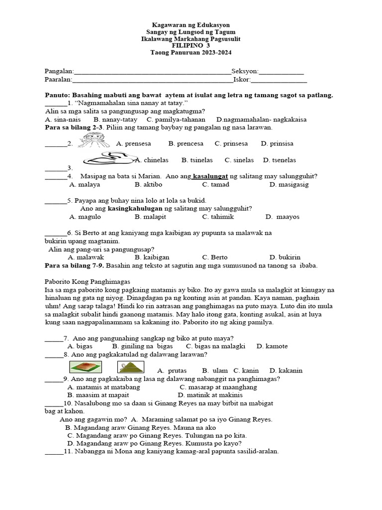 FILIPINO 3 Quarter 2 ASSESSMENT - LEARNERS | PDF