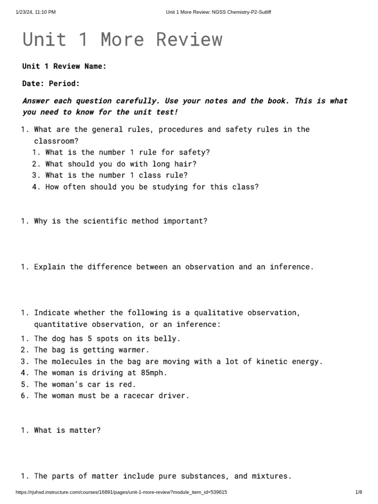 Unit 1 More Review - NGSS Chemistry-P2-Sutliff | PDF | Mixture | Chemical Substances