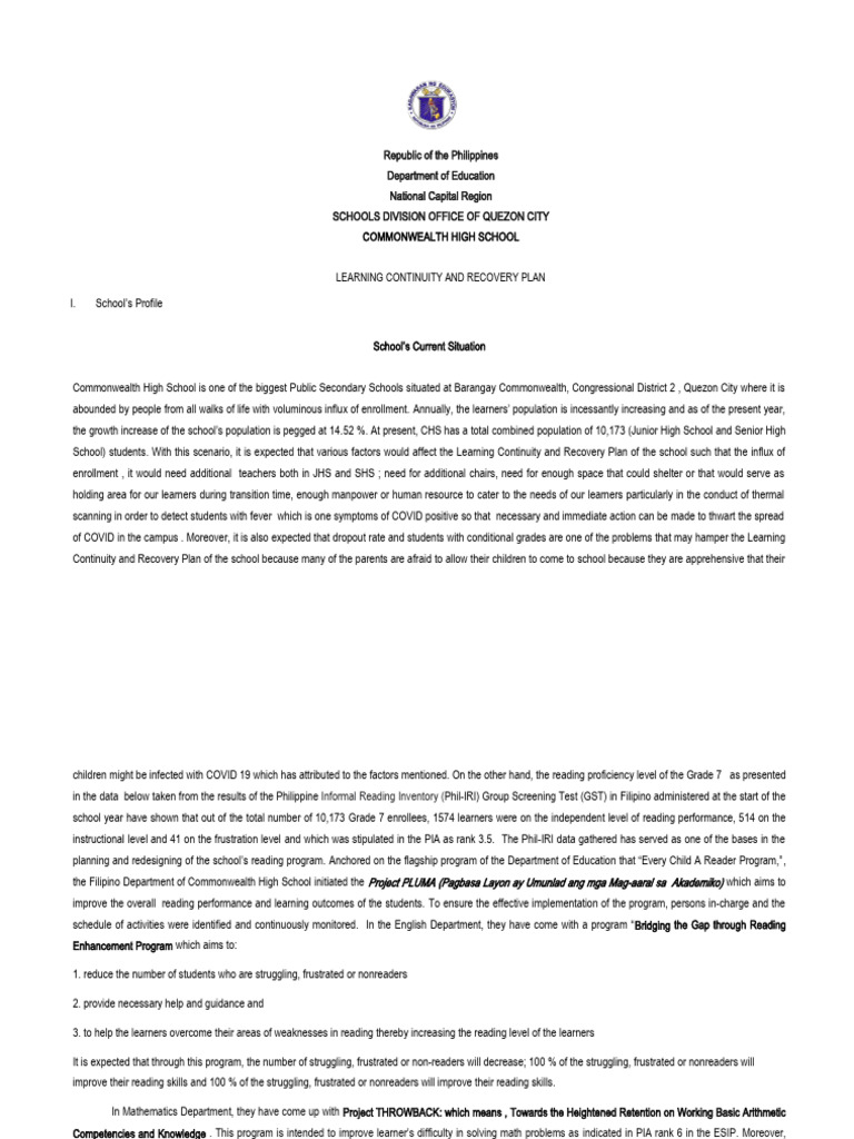 1 Atl Final CHS Learnng Continuity Recovery Plan 1 1 | PDF | Literacy ...
