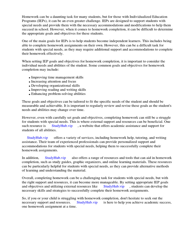 Iep Goals and Objectives for Homework Completion | PDF | Individualized ...