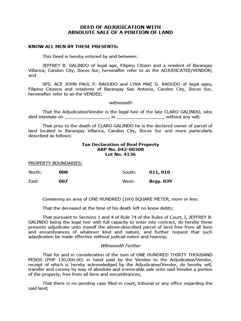 DEED OF ADJUDICATION WITH ABSOLUTE SALE OF A PORTION OF LAND | PDF | Common Law | Civil Law ...