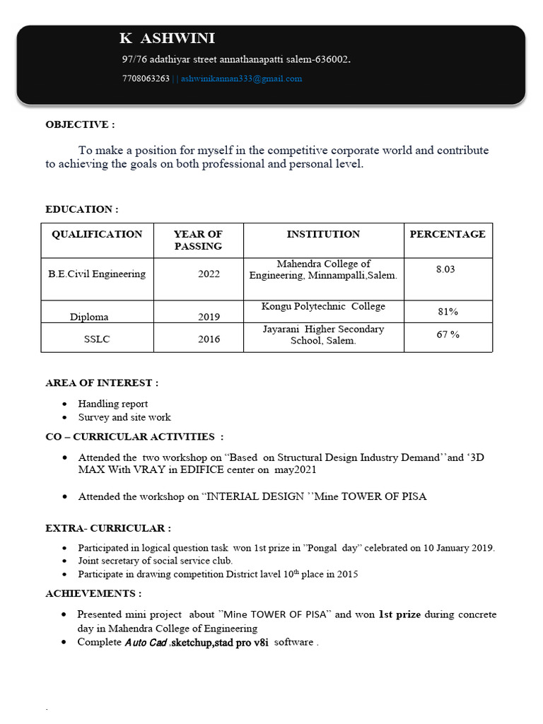 Ashwini k . ( Resume ) | PDF | Engineering