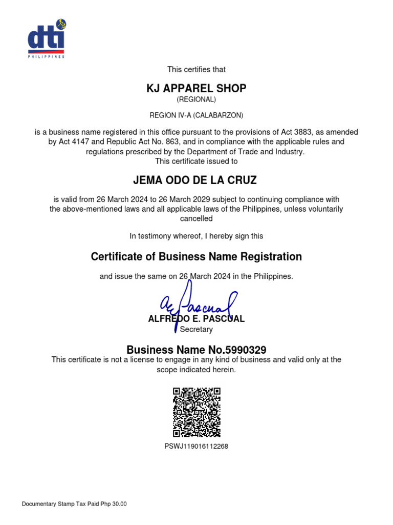KJ Apparel Shop Business Registration Certificate | PDF